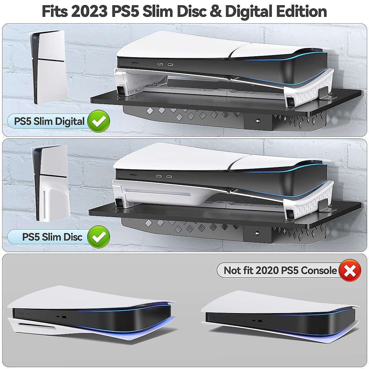 Kosker PS5 Slim Wall Mount Kit Horizontal, PS5 Shelf Wall Mount Horizontal for PlayStation 5 Slim Disc & Digital, PS5 Accessories Base Stand, Upgraded Floating PS5 Wall Mount with Screw Fixing