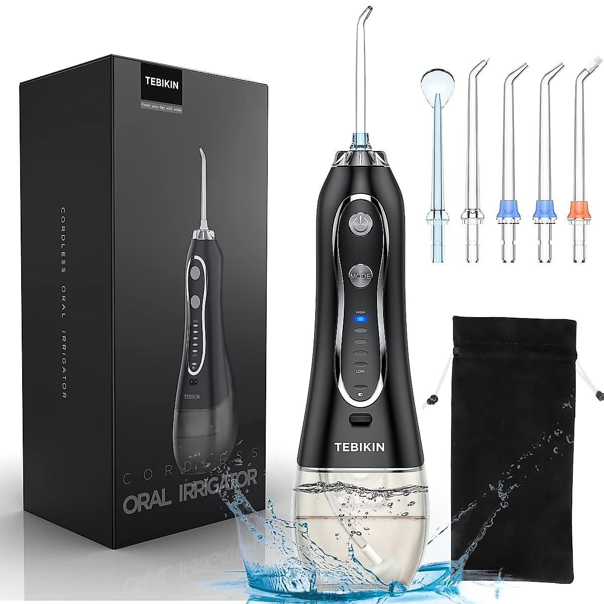 TEBIKIN Cordless Water Flosser Portable Dental Professional Oral Irrigator with Gravity Ball Powerful Travel Water Teeth Cleaner with 5 Levels 5 Tips IPX7 Waterproof 300ML for Home Travel