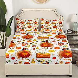 Fall Turkey Fitted Sheet for Girls Boys Kids Twin Size Happy Thanksgiving Autumn Harvest Bedding Set Room Decorative Maple Leaves Cake Bed Sheet Set Farmhouse Bed Cover Deep Pocket Bed Set