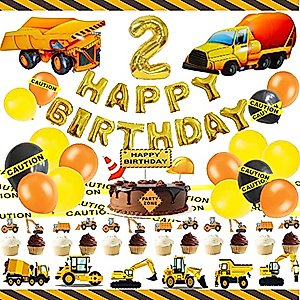 Construction Birthday Party Supplies 2 Years Old Construction Truck Birthday Party Supplies for Boys 2nd Birthday Decorations Toddler Birthday Party with Dump Truck Balloon and Concrete Mixer Balloon (second birthday)