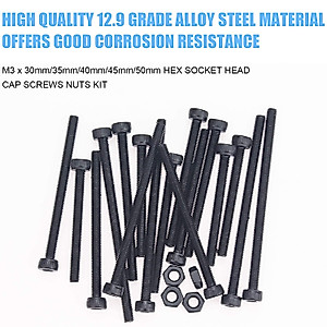 DYWISHKEY 200 Pieces M3 x 30mm/35mm/40mm/45mm/50mm, 12.9 Grade Alloy Steel Hex Socket Head Cap Bolts Screws Nuts Kit with Hex Wrench