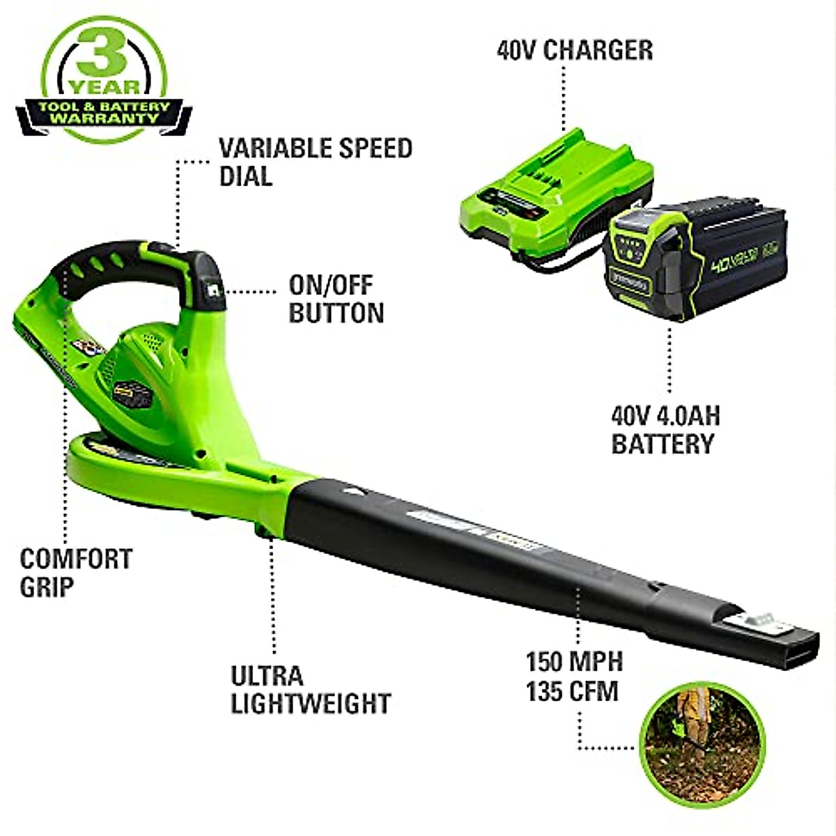 Greenworks 40V (150 MPH) Cordless Leaf Blower, 4.0Ah Battery and Charger Included 24212, 4Ah Battery & Charger, Gutter Cleaning Kit