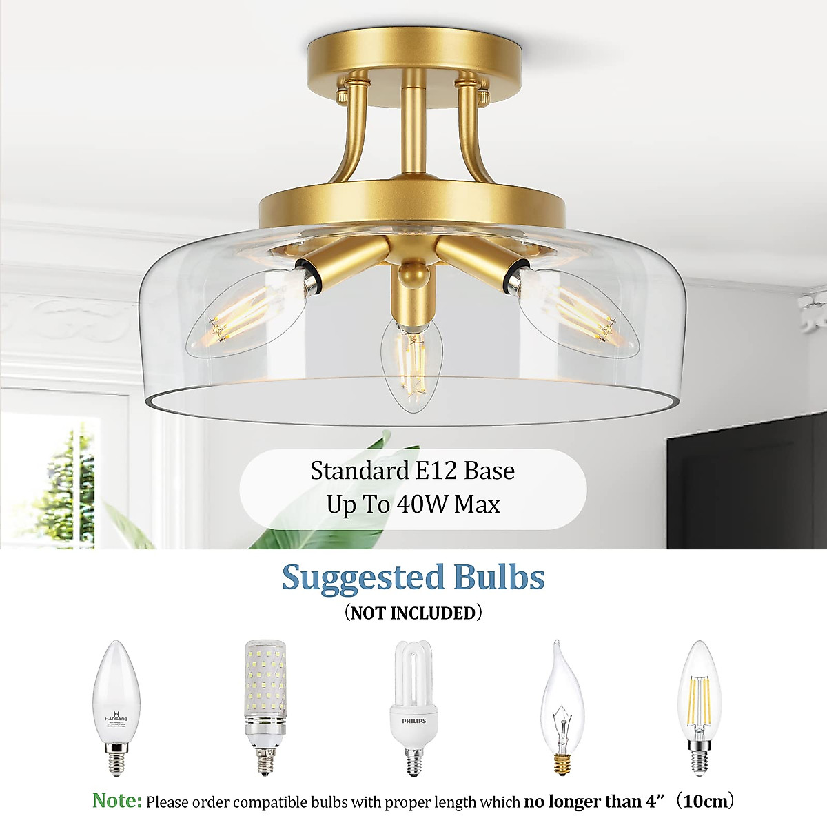 3-Light Gold Semi Flush Mount Ceiling Light Fixture, Modern Drum Glass Shade Ceiling Lamp for Living Room, Kitchen, Bedroom, Hallway, Bathroom, Laundry - E12 Socket, No Bulbs