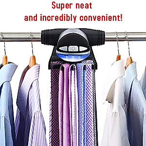 Primode Motorized Tie Rack Closet Organizer with LED Lights, Bonus Stainless Steel Tie Clip Set, Includes J Hooks for Wired Shelving Stores Up To 72 Ties with 8 Belts, Rotation Operates With Batteries