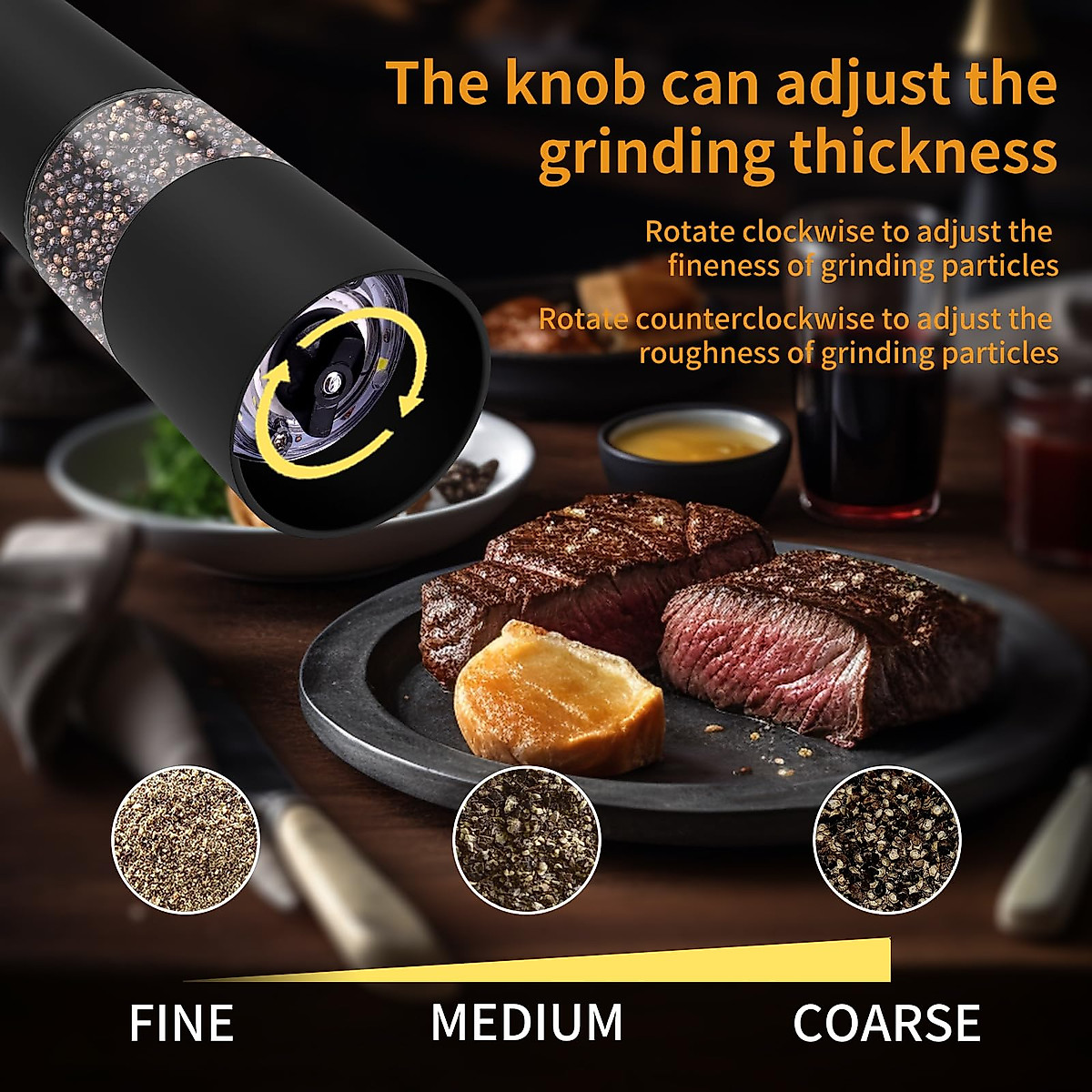 Electric Salt and Pepper Grinder Set of 2, Automatic Operation Salt Pepper Mill Sets with Adjustable Coarseness, Battery Powered, LED light, One Hand Operation-Black