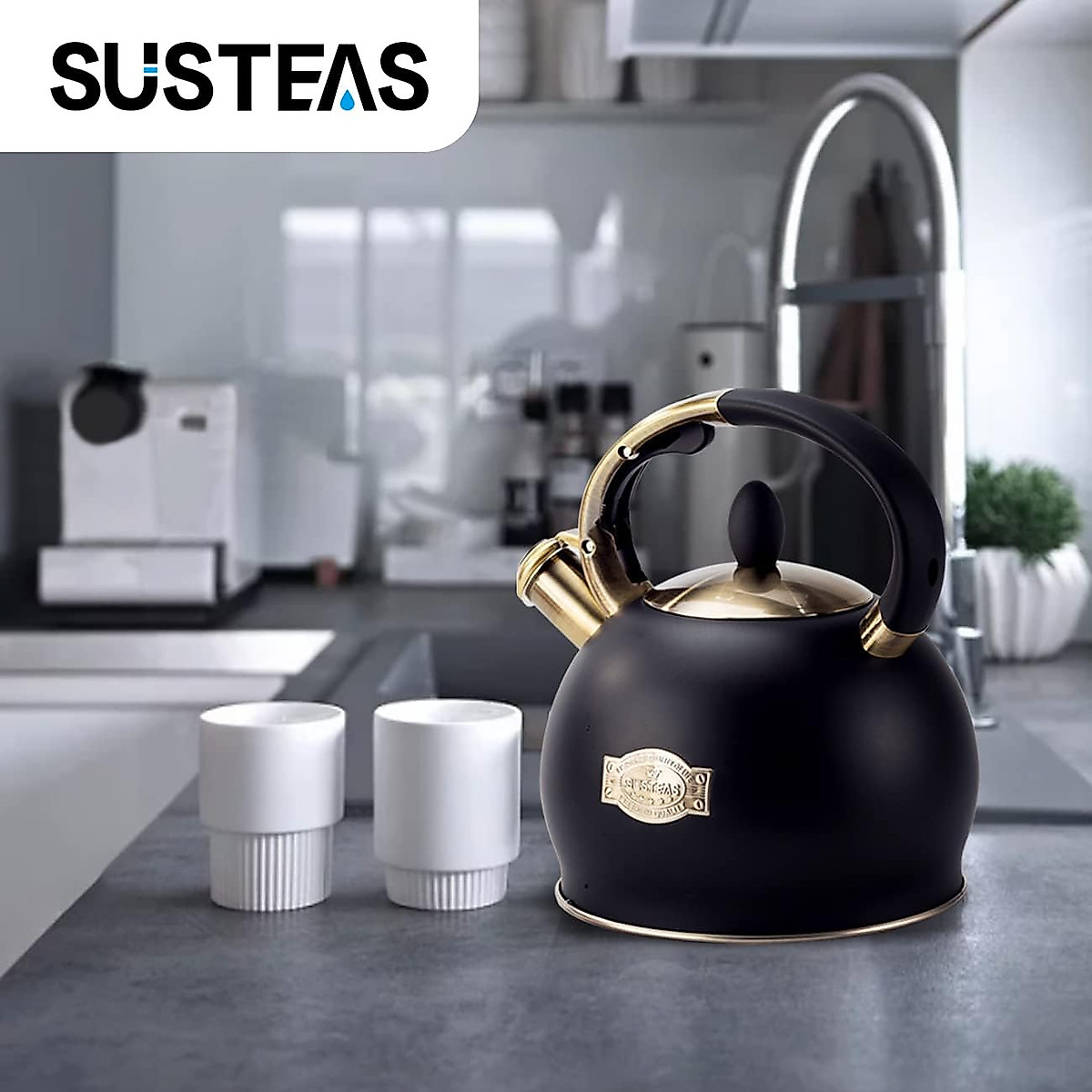 SUSTEAS Stove Top Whistling Tea Kettle-Surgical Stainless Steel Teakettle Teapot with Cool Touch Ergonomic Handle,1 Free Silicone Pinch Mitt Included,2.64 Quart(BLACK)