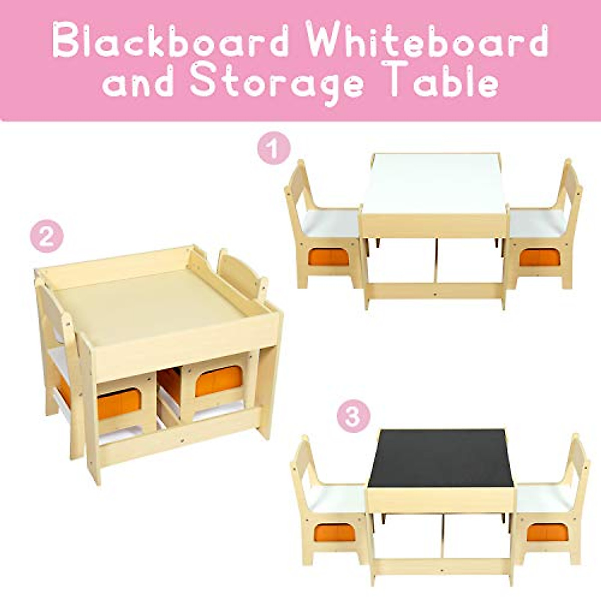 Kinfant Toddler Table and Chair Set - Activity Table for Toddlers with Double Side Detachable Tabletop, 3 in 1 Wood Activity Table for Toddlers Arts, Crafts, Drawing & Reading (Orange)