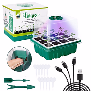 Patigrow 3 Pack Seed Starter Tray with Grow Light, Flexible Silicone 36 Cells Reusable Seed Starter Kit with Humidity Dome, Dishwasher Safe Seeding Starter Trays Indoor Greenhouse for Seed Starting