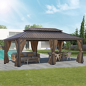 12’x 20’ Heavy Sunshade Large Metal Patio Gazebo Canopy, Permanent Gazebo with Galvanized Steel Double Roof,with Curtains and Netting for Patio, Backyard and Lawn (Wood Grain Coated)