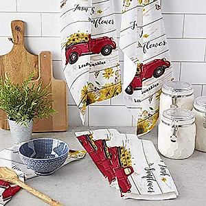 Kitchen Towels – 28”x 18”Large Kitchen Hand Towels Red Truck Loads of Sunflower on The Wooden Board Soft Microfiber and Absorbent Towels Set with Hanging Loop