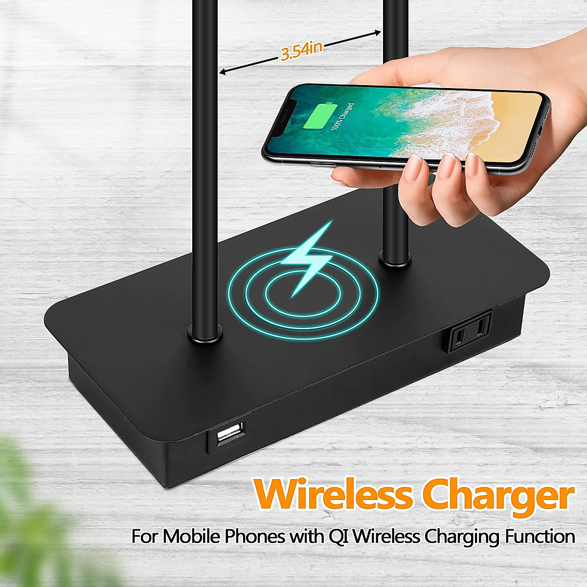 Set of 2 Wireless Charging Touch Control 3-Way Dimmable Table Lamps, Beside Nightstand Lamps for Bedroom with USB Port & AC Outlet, Living Room Office End Table Modern Black Lamps, LED Bulbs Included