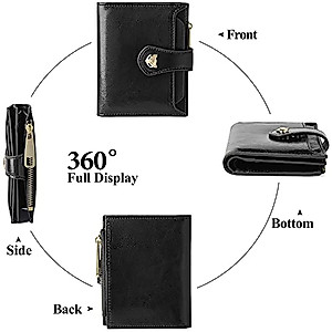 FOXLOVER Small Leather Wallets for Women Ladies RFID Blocking Bifold Zipper Pocket Wallets with ID Window (Black)
