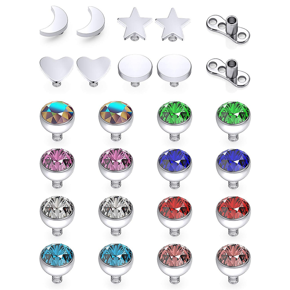 Dyknasz 26PCS 14G Grade 23 Titanium Dermal Anchor Tops Internally Threaded Mixcolor Gem for Women Men 3mm