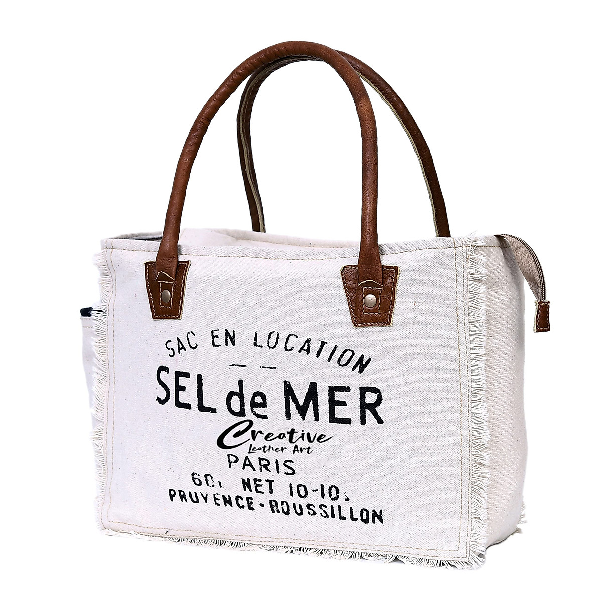 CLA Bags Sel De Mer Upcycled Canvas & Cowhide Hand/Tote Bag Radiant Leather Crossbody, Off-White, 13 Inch