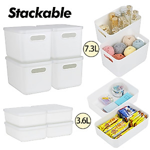 ZEXALOR 8 Pcs Storage Bins with Lids, Stackable Plastic Storage Containers for Organizing, Organizer Bins Shelf Baskets for Pantry Cabinet Shelves Desktop Freezer Drawer Organization (White, 4M+4S)