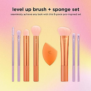 Real Techniques 8 Piece Level Up Brush And Sponge Set, Makeup Brushes For Eyeshadow, Foundation, Blush, & Bronzer, Makeup Blending Sponge, Synthetic Bristles, Stocking Stuffer, Cruelty-Free