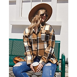 IN'VOLAND Women's Flannel Plaid Shacket Casual Button Down Long Sleeve Flannel Shirts Plus Size Fall Tartan Jacket Brown 24W
