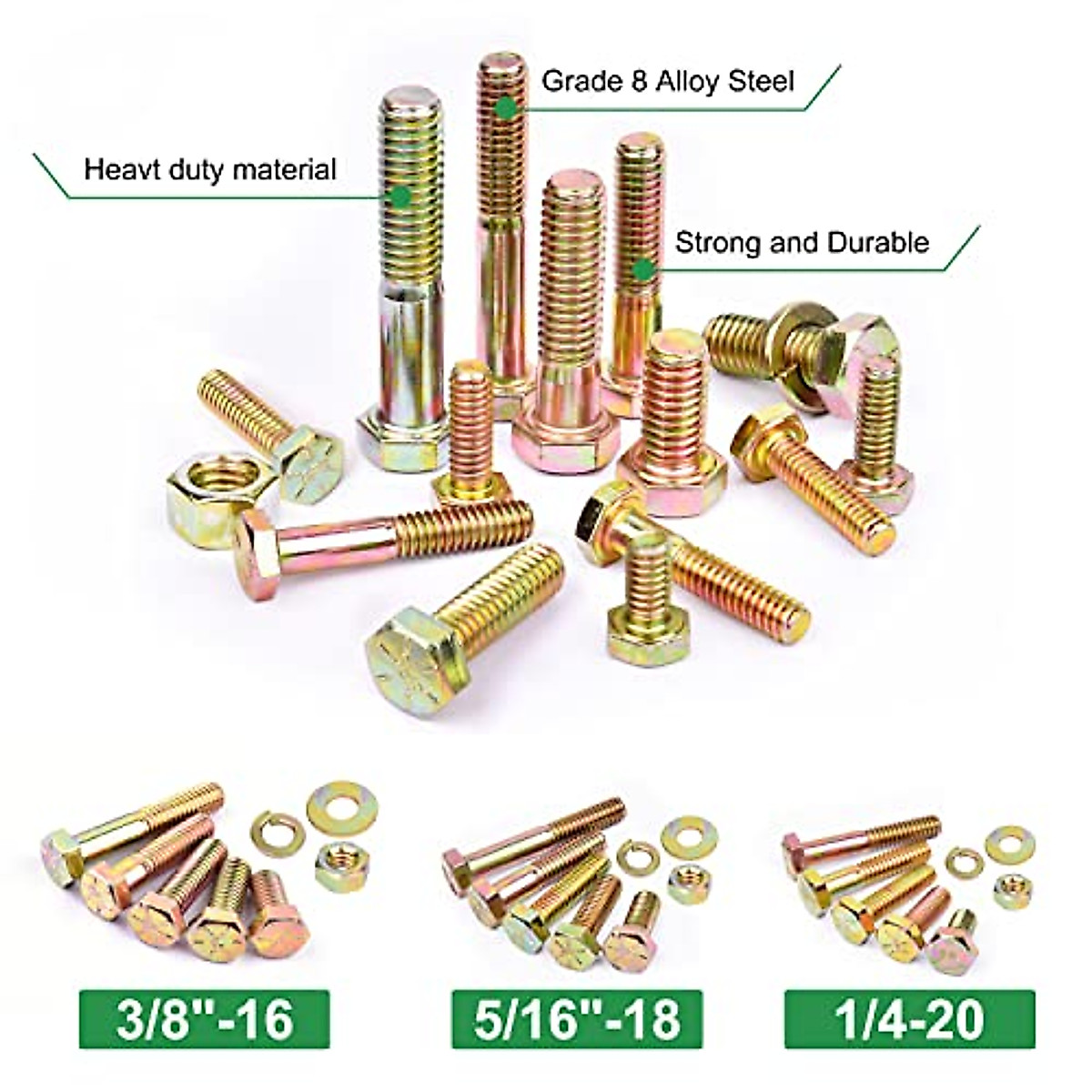 FOLIV 467Pcs Heavy Duty Bolt Nut Washer Assortment Kit - Flat Hex Screws Bolts Nuts Lock and Flat Gasket Washers Assortment Kit, Grade 8