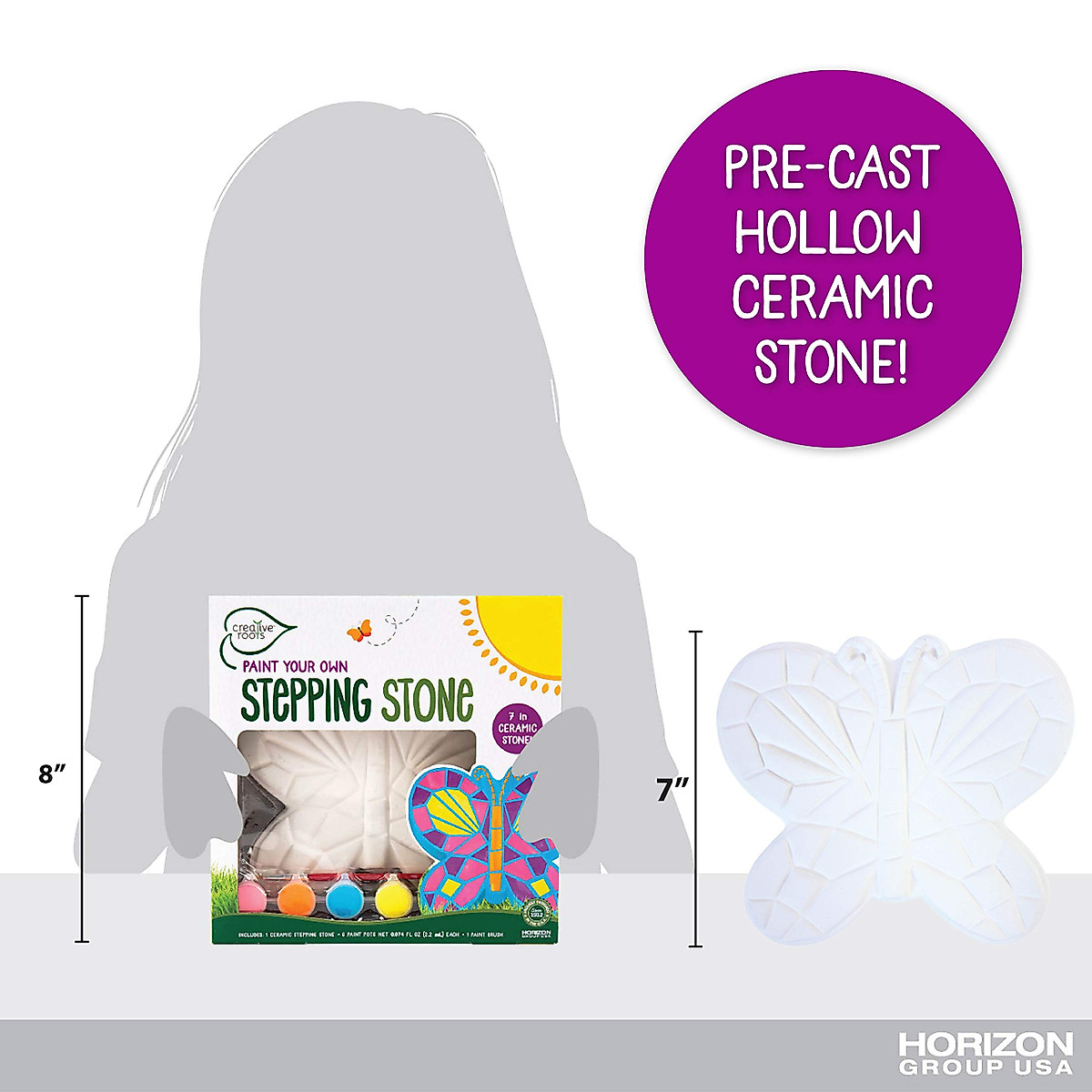Creative Roots Mosaic Butterfly Stepping Stone Kit, Includes 7-Inch Ceramic Stepping Stone & 6 Vibrant Paints, Paint Your Own Stepping Stone, DIY Stepping Stone for Kids Ages 8+ White