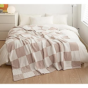 Ultra Soft Classic Checkerboard Chessboard Knitted Throw Blankets Lattice Fluffy Microfiber Lightweight Warm Cozy Bed Blankets Decor for Couch Sofa Bed (Beige, 51"X63")