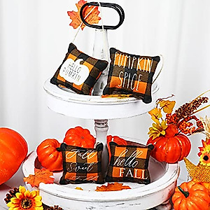 4 Pieces Christmas Mini Pillows Decorations Buffalo Plaid Pillow Plaid Mini Throw Pillow Tiered Tray Decor Home Living Room Bedroom Thanksgiving Party Fall Decor for Tiered Tray(Orange and Black)