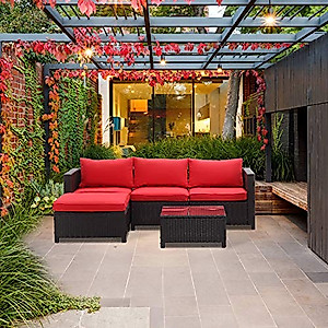 Patio Sofa Furniture Sets 5 Piece, Outdoor PE Wicker Rattan Conversation Sofa Set with Coffee Table, Wine Red (Black Rattan)