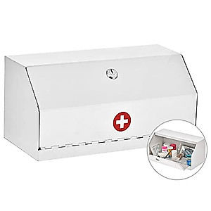 AdirMed Medicine Lock Box for Medication Lock Box with Key - Wall Mounted Locking First Aid Medicine Cabinet, Secured Prescription Storage for Peace of Mind Around Kids at Home, School (Steel White)