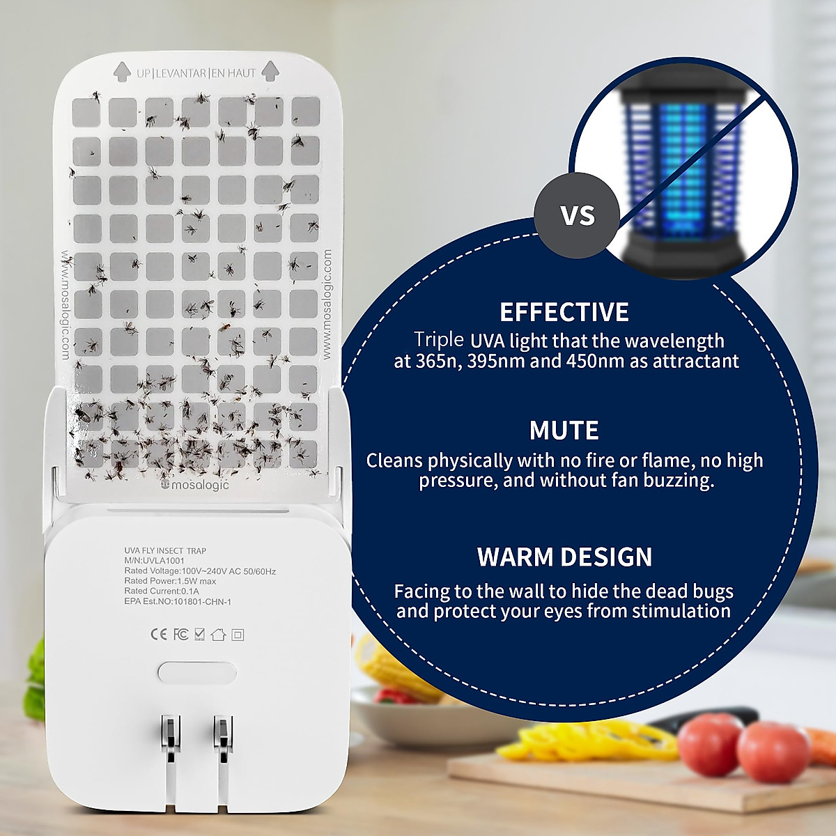 Mosalogic Fly Insect Trap Plug-in Mosquito Killer Indoor Gnat Moth Catcher Fly Tapper with Night Light UV Attractant Catcher for Home Office White-2pack