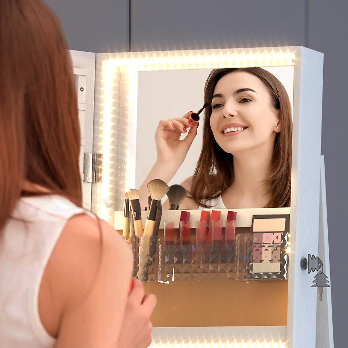 Vlsrka 360° Swivel Jewelry Mirror Cabinet with Lights, Standing Jewelry Armoire Organizer Rotatable Full Length Mirror with Jewelry Storage, Lockable with Rear Storage Shelves, Built-in Makeup Mirror