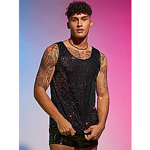 WDIRARA Men's Sequin Sleeveless Round Neck Tank Top T Shirt Party Top Black Sequins M