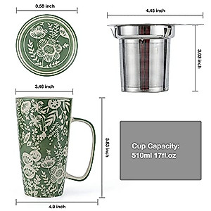 Taimei Teatime Ceramic Tea Cup with Infuser and Lid, 17 oz Tea Infusion Mug with Large Strainer for Loose Leaf Tea,Green