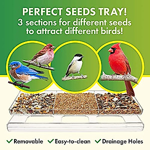 D.F. Omer Window Bird Feeder with 3 Section Tray and Roof Cover, Weatherproof Outdoor Suction Cup Hanger Acrylic Plastic Bird Feeder , Clear