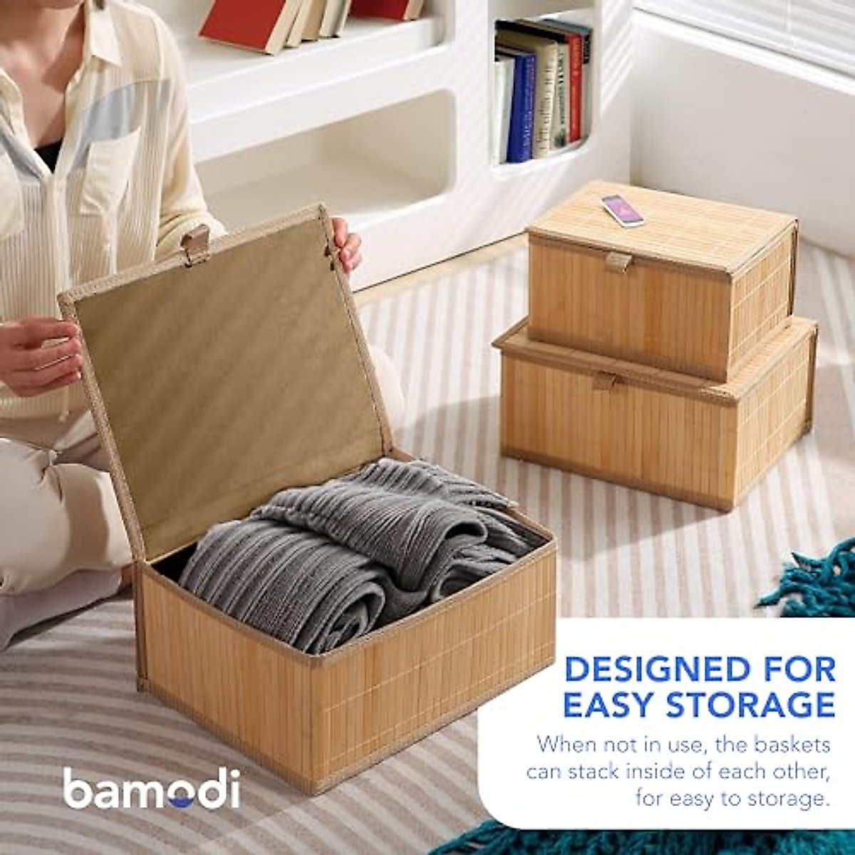 Bamboo Decorative Storage Boxes With Lids - Nesting Rectangular Lidded Box for Organization - Stackable Basket with Cloth Liner - Organizer for Toys, Home, Office - Woven Basket - Set of 3