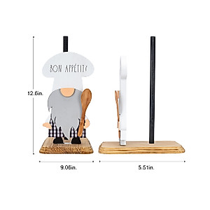 Rae Dunn Paper Towel Holder for Countertop Roll with Gnome Decor - Farmhouse Stand Dispenser Counter Real Wood Base Kitchen Gnomes Decoration Home As Show