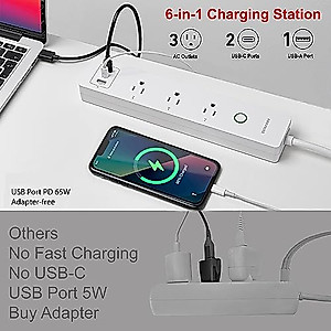 ASOUNUSE Smart Power Strip, 65W USB C Charger for iphone15/14, MacBook and Samsung, Fast Charging Station with 2 USB C, 1 USB A Ports and 3 Smart Outlets, Works with App, Alexa, Google Home & Siri.