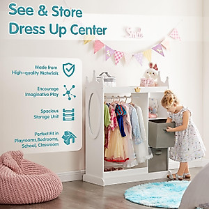 GTOLV Kids Dress up Storage with Mirror, 2 Storage Bins & Cloth Hanger, Kids Play Armoire Dresser Pretend Storage Closet for Bedroom, Kids Room, Playroom (White)