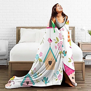 Throw Blanket 60x80 Inch,Floral Birds Houses Home Flannel Soft Cozy Fluffy Throw Blankets and Warm Throws for Adults in Couch Sofa Bed 60x50 Inch