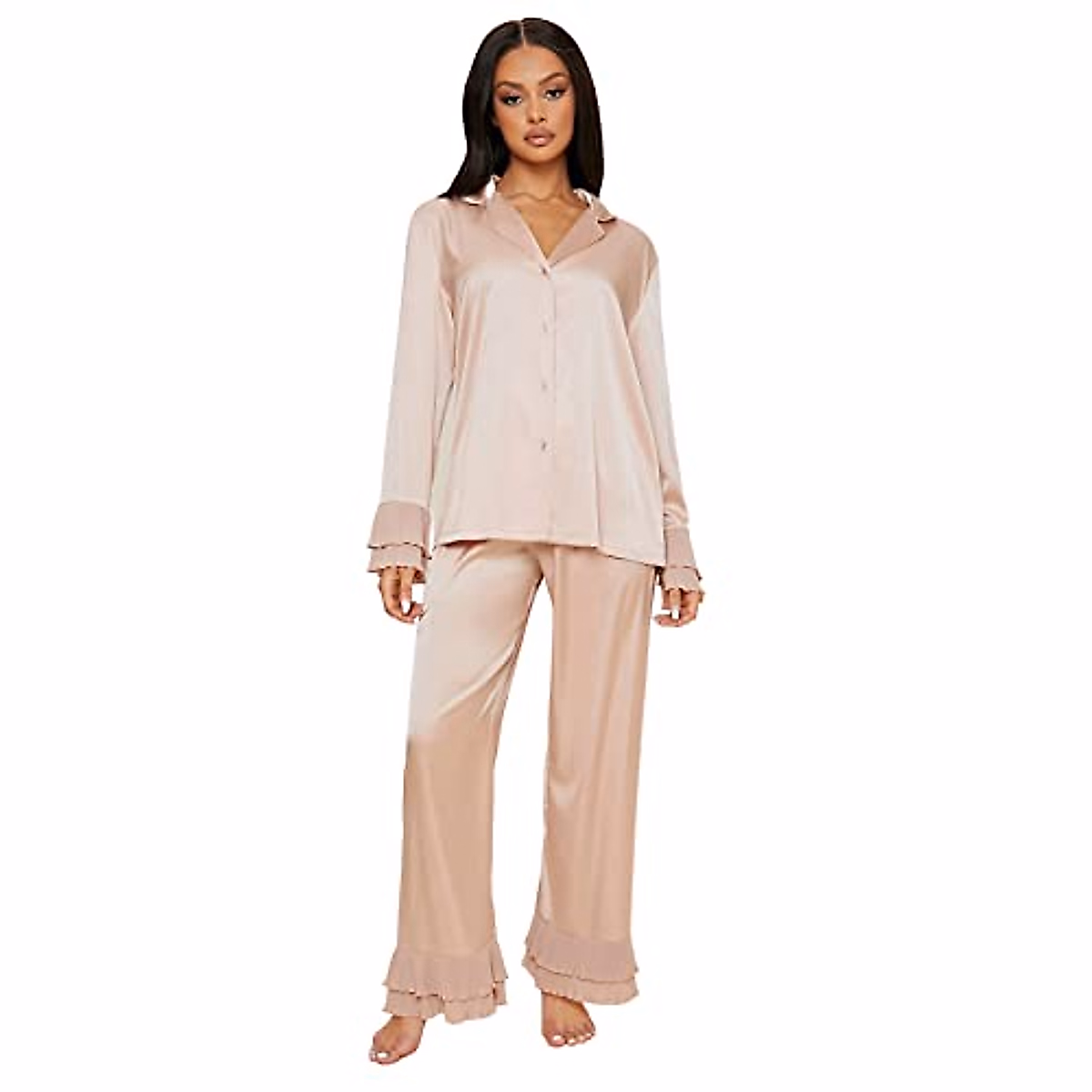Verdusa Women's Satin Notch Collar Blouse and Ruffle Hem Pants PJ Set Champagne M