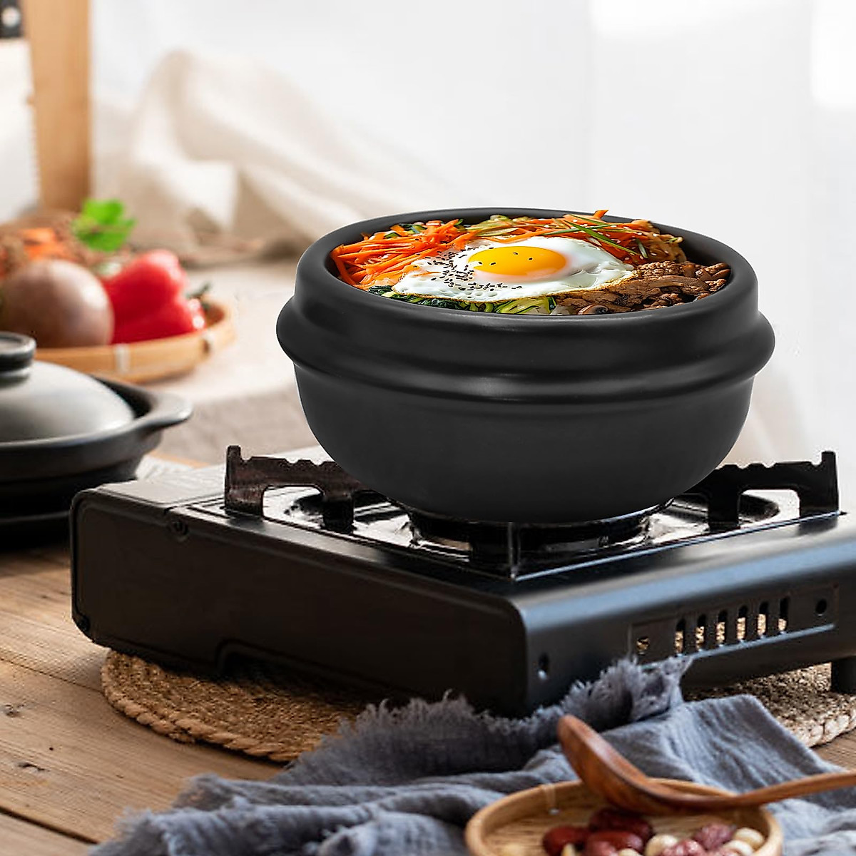 laffoonparts Korean Cooking Stone Pot Set, Premium Ceramic, D 6.3'' Stone Bowl Sizzling for Bibimbap and Soup, Korean Bibimbap Pot w/Tray & Stainless Steel Spoon No Lid