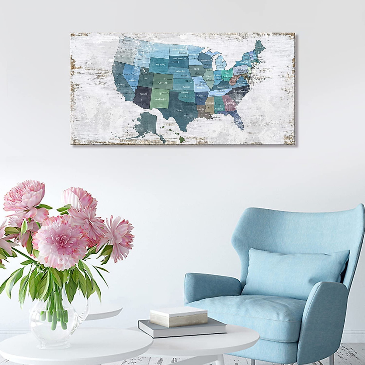 Map of The United States Wall Decor Map Canvas Wall Art for Wall Decoration Wood Background USA Canvas Prints for Bedroom Office Kitchen Home Wall Decor Framed Artwork Ready to Hang20 x40