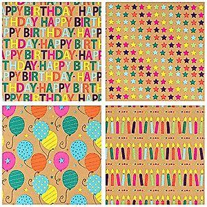 RUSPEPA Kraft Wrapping Paper Rolls - 17 inches x 10 feet per Roll, Total of 4 Rolls, Colorful Birthday