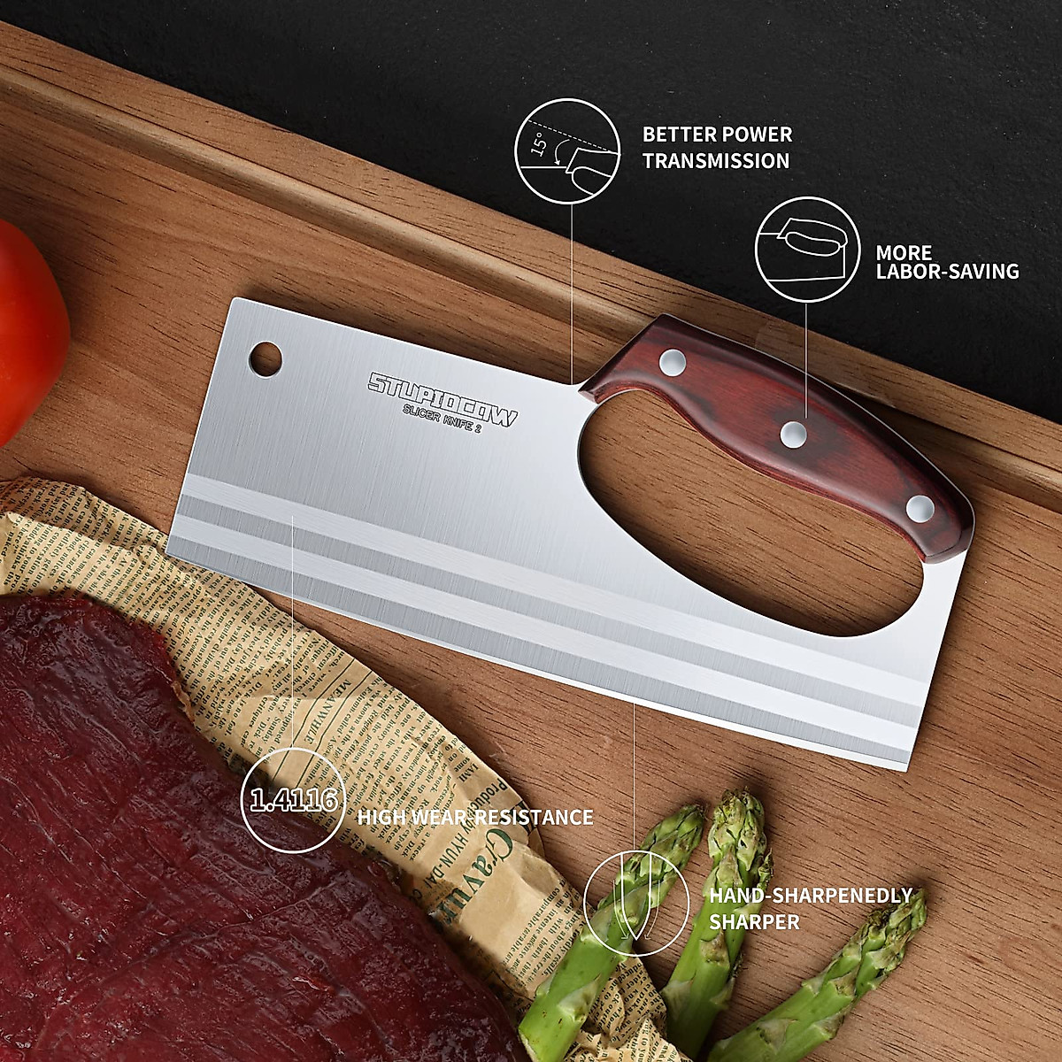 STUPIDCOW 8 Inch Kitchen Knife Cooking Knife, Sharp Asian Knife in German High Carbon Stainless Steel with Ergonomic Handle