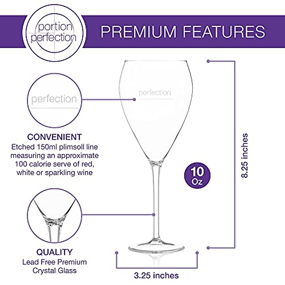 Portion Control Wine Glass, Set of 2, Elegant Hand Blown Italian Style Lead-Free Premium Crystal Glass 10oz, with 5oz 100 Calorie Measurement Etched Line for Red, White, Rose or Sparkling Wine