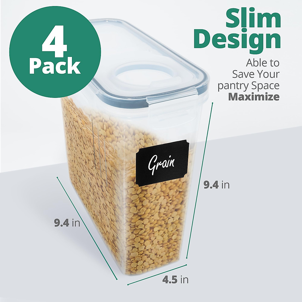 SirContainers Cereal Containers Storage - 4 Pack Airtight Food Storage Containers Large Cereal Dispenser 4 Liter Plastic Storage Containers with Lids