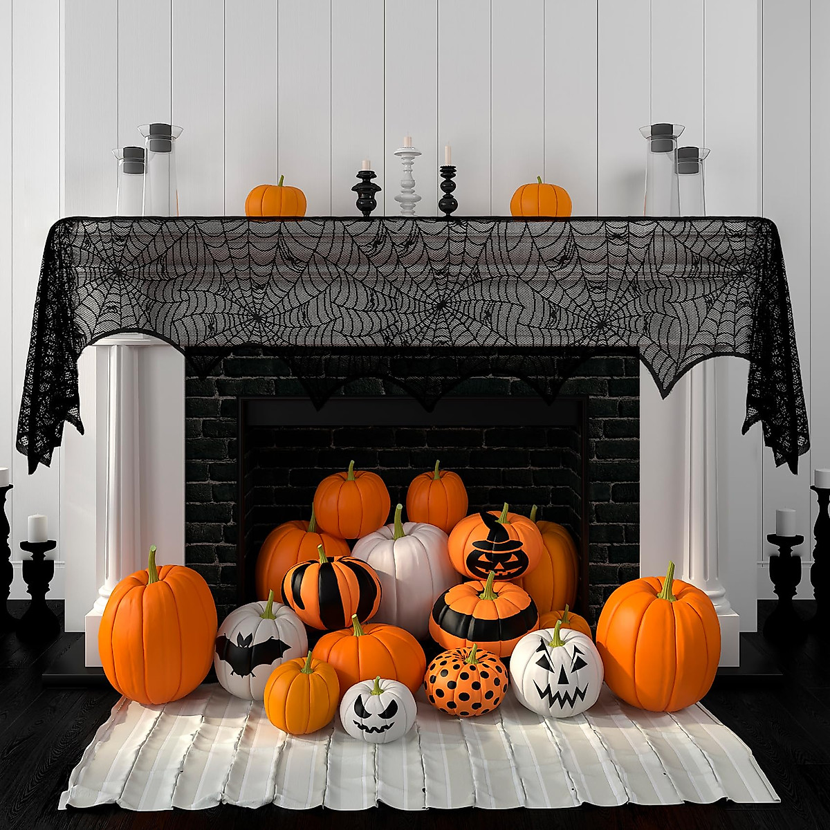 Halloween Mantle Scarf, Black Lace Spiderweb Fireplace Mantel Scarf,Halloween Mantel Decor for Cloth Table Runner,Halloween Decorations Indoor Festive Party Supplies Door Window Curtain,96 x 18 Inch