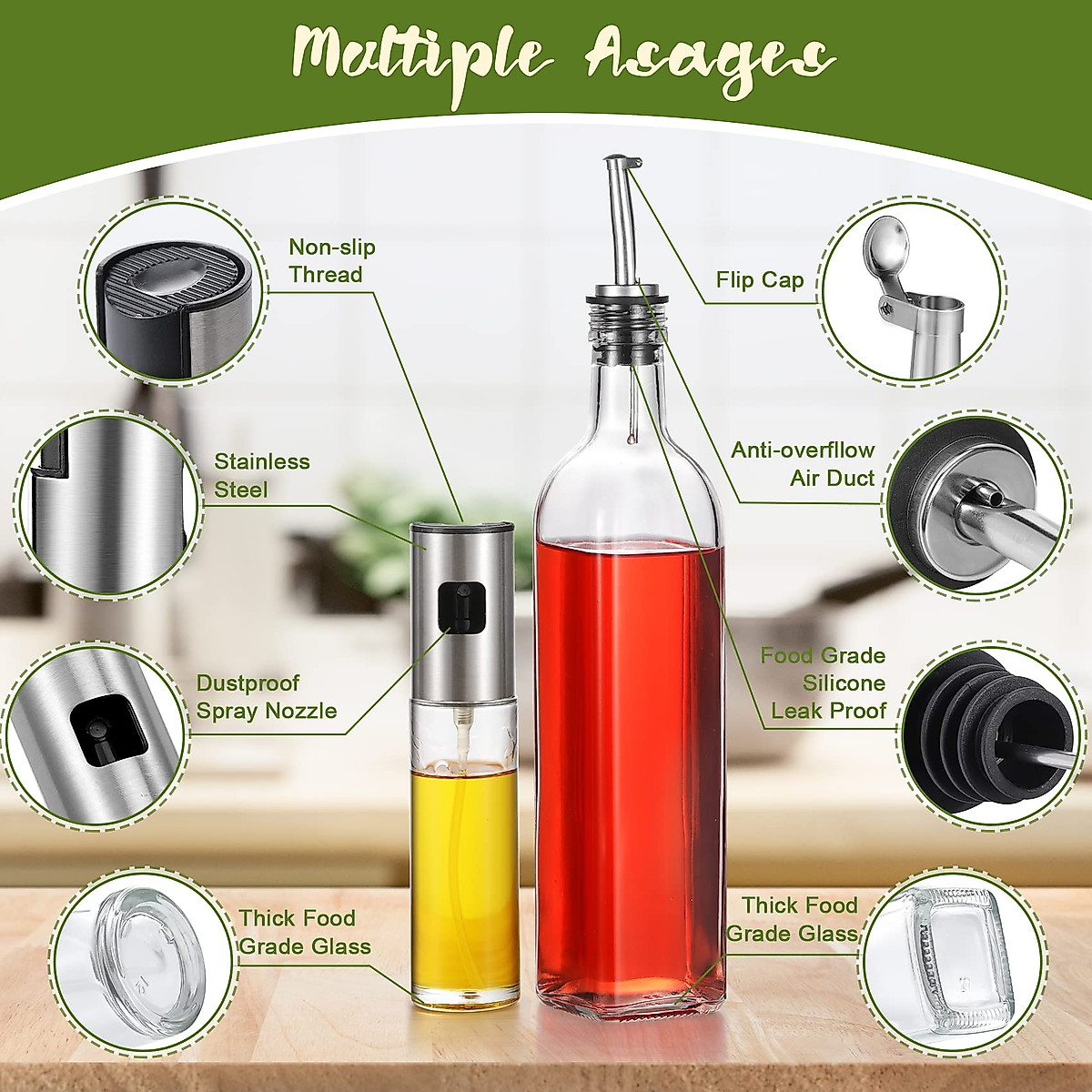 Olive Oil Dispenser 17 OZ and Oil Sprayer for Cooking - Vinegar Cruet Bottle Set for Kitchen - Glass container with Drip-Free Stainless Steel Spout - Oil Mister for Air Fryer, Salad