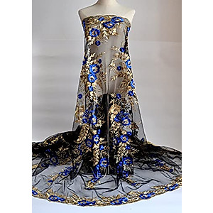 African Fabric Net Fabrics Embroidery Beaded Nigerian Embroidered Lace Fabric for Party Dress (Blue) 5 Yards 2205-6