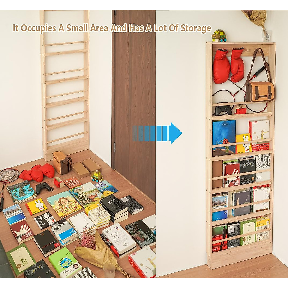 morimoe Wooden Kids Bookshelf, Wall Mount Shelf with Hooks, Organizer for Toys and Books, Space-Saving