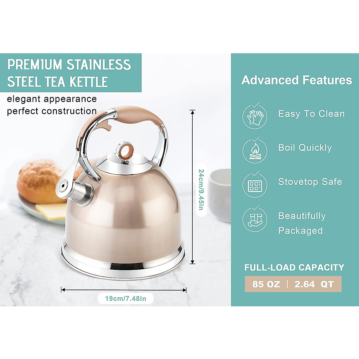 HIHUOS Tea Kettle for Stovetop, 3 Quart Loud Whistling Teapot with Cool Grip Ergonomic Handle Food Grade Stainless Steel Teakettle for Tea, Coffee (Black)