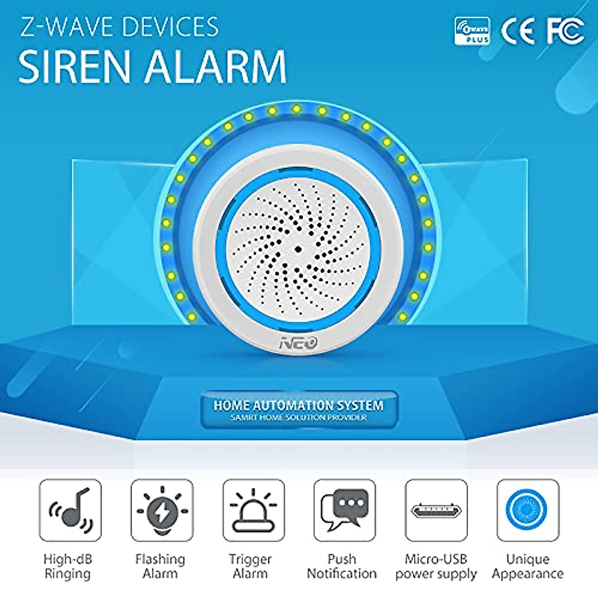 Z-Wave Plus Siren Alarm with Strobe alerts, NEO Smart Siren, Support USB Charge and with Back up Battery Works with SmartThings, Blue